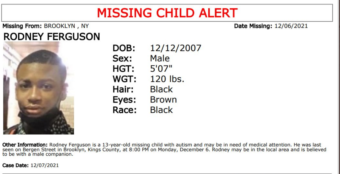 Rodney Ferguson, niño de 13 años con autismo desaparece en Brooklyn ...