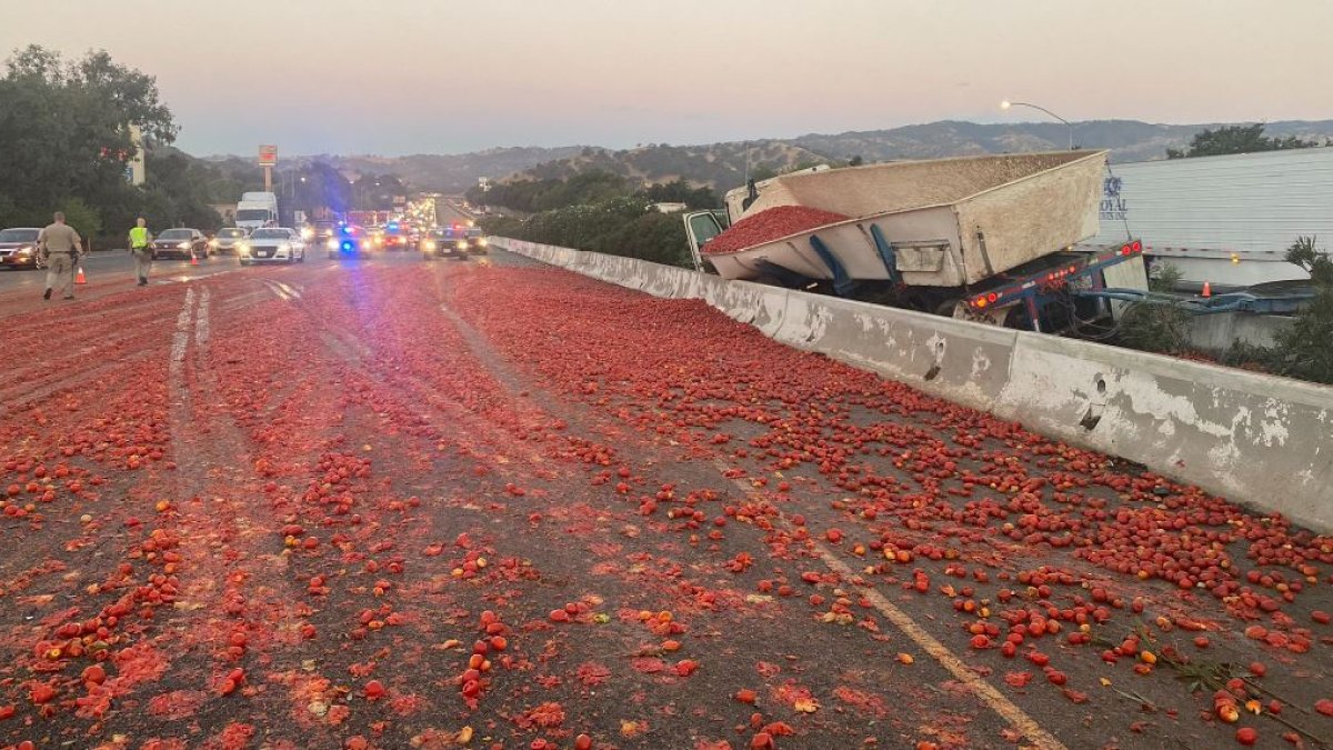 Camión se vuelca y derrama cientos de tomates en la autopista 80 en ...